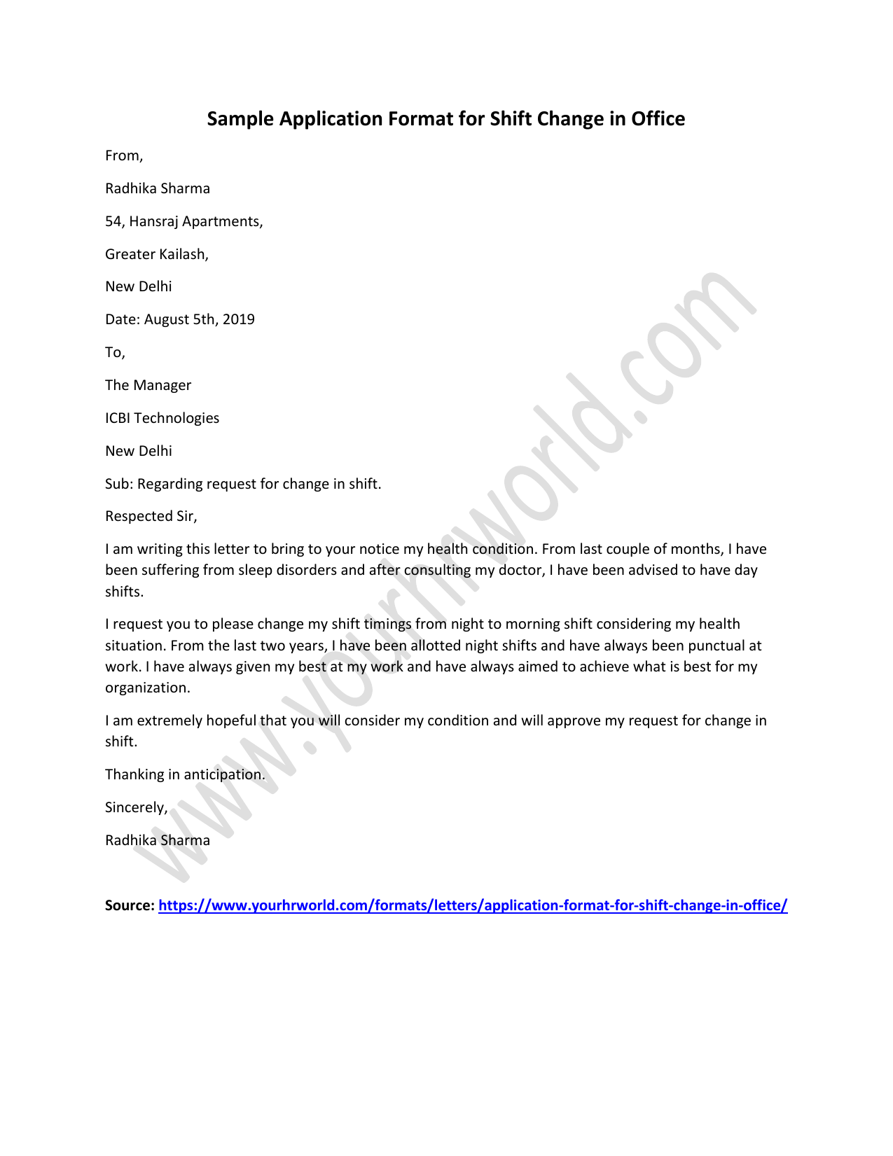Application Format For Shift Change In Office