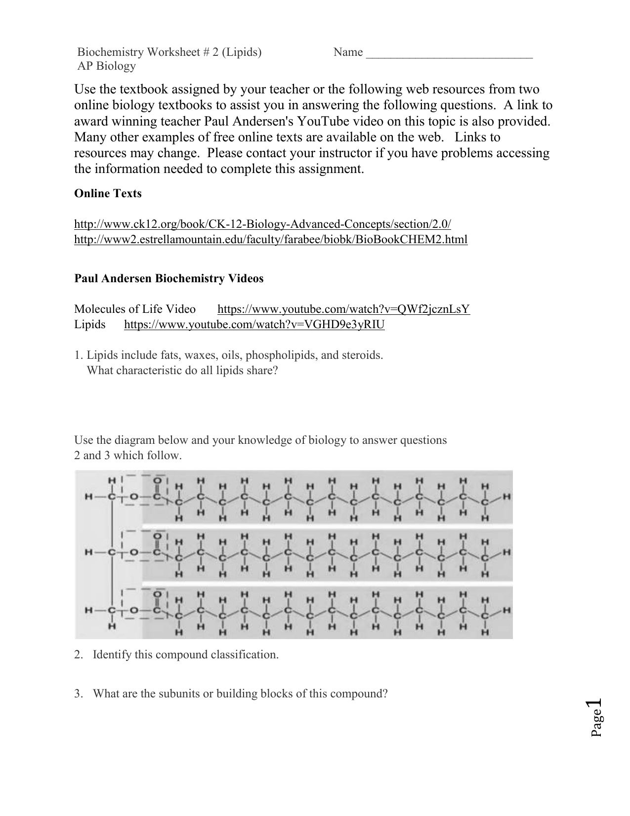 Biochemistry Worksheet 2 Biochemistry Worksheet 2
