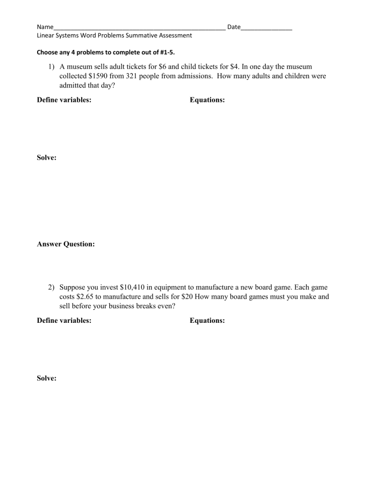 Systems Of Equations Word Problems