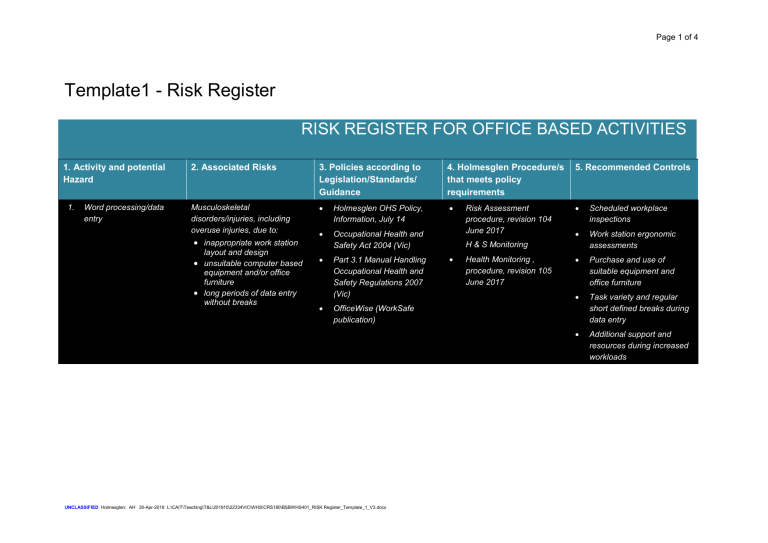 Office Risk Register Template | Safety & Compliance