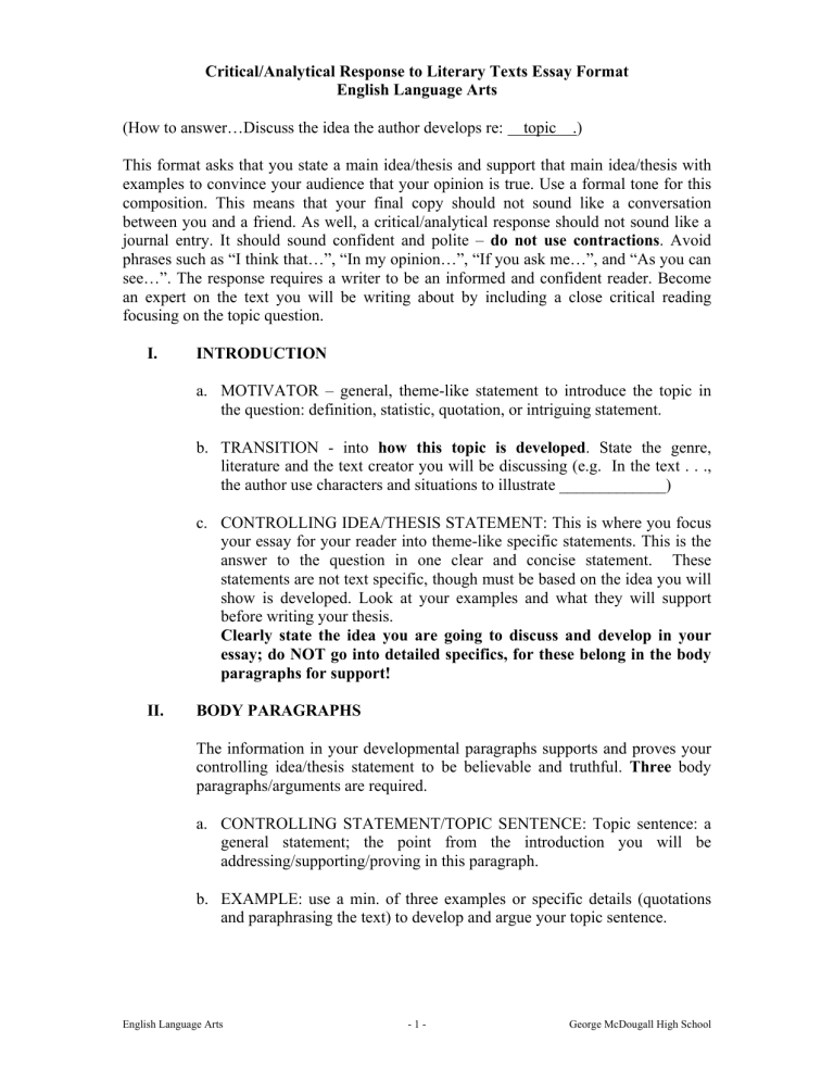Critical Analytical Response To Texts Essay Format