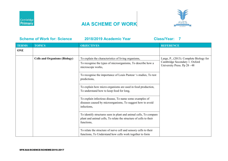 Year 7 Science Scheme of Work: Cells, Energy, Earth
