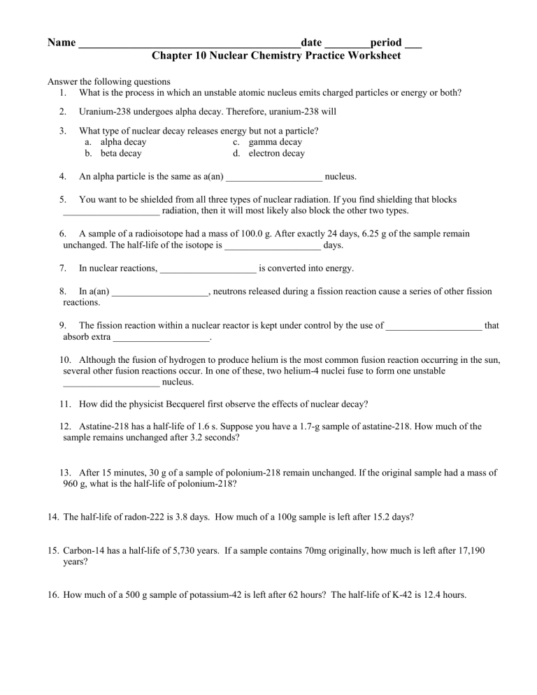 Radioactivity Study Guide Radioactivity Study Guide