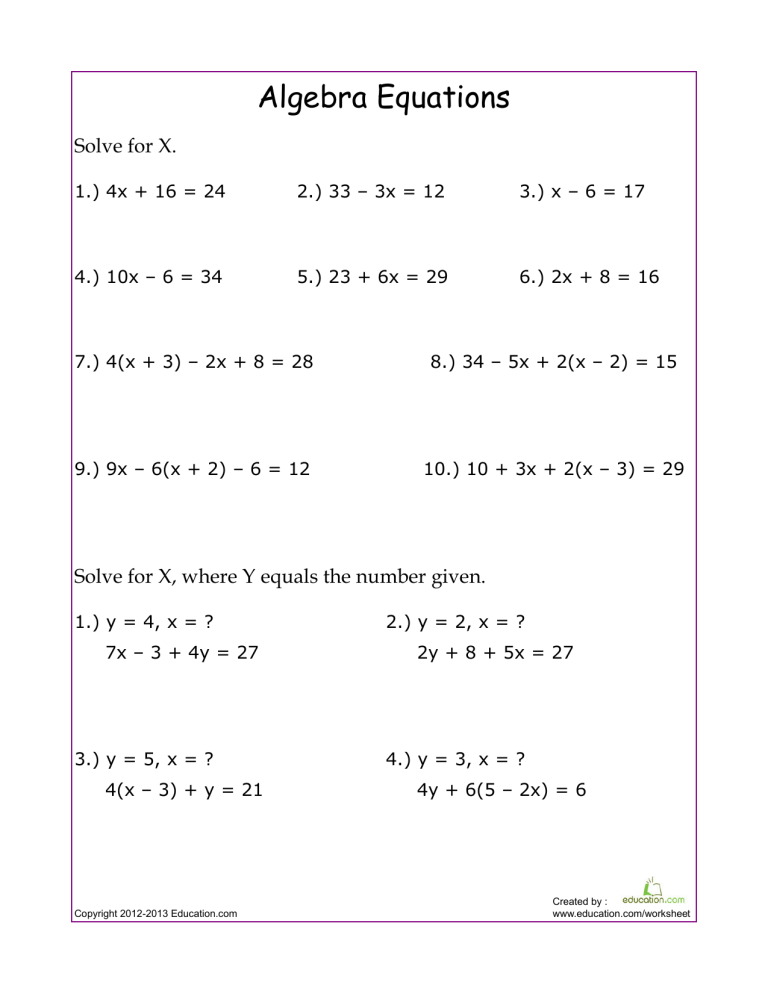 Algebra equations
