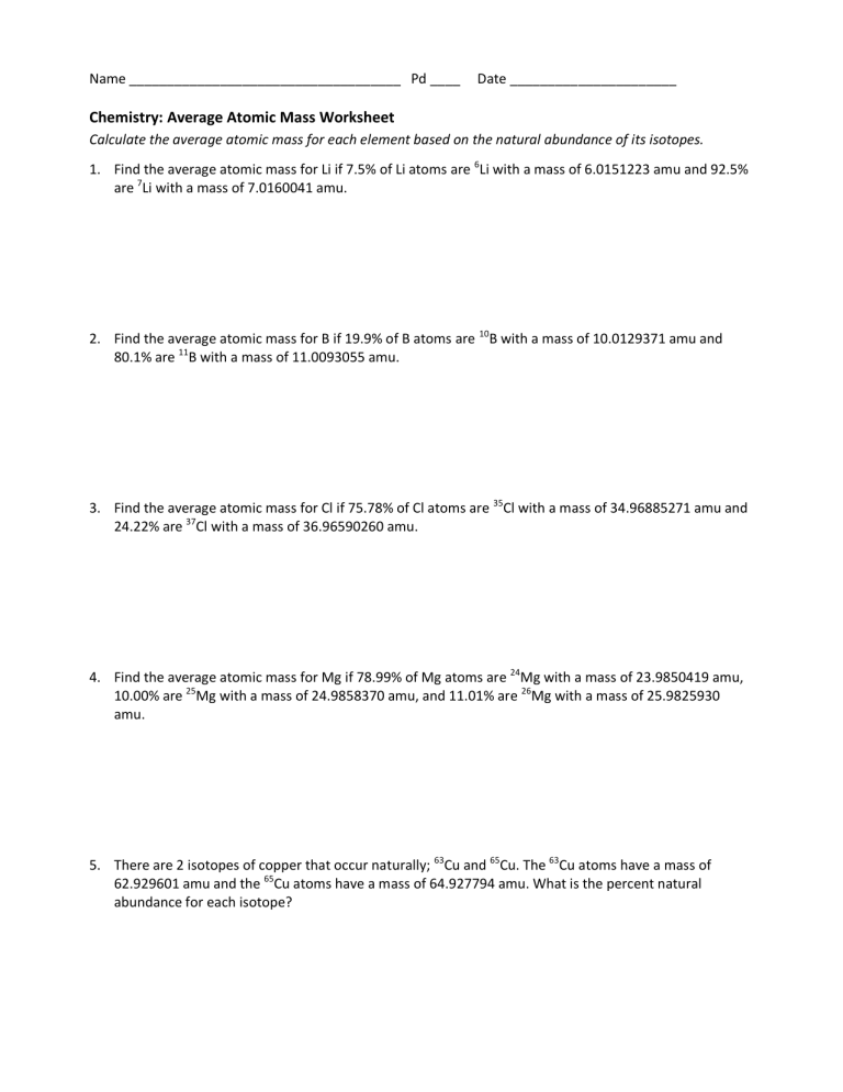 Average Atomic Mass Worksheet