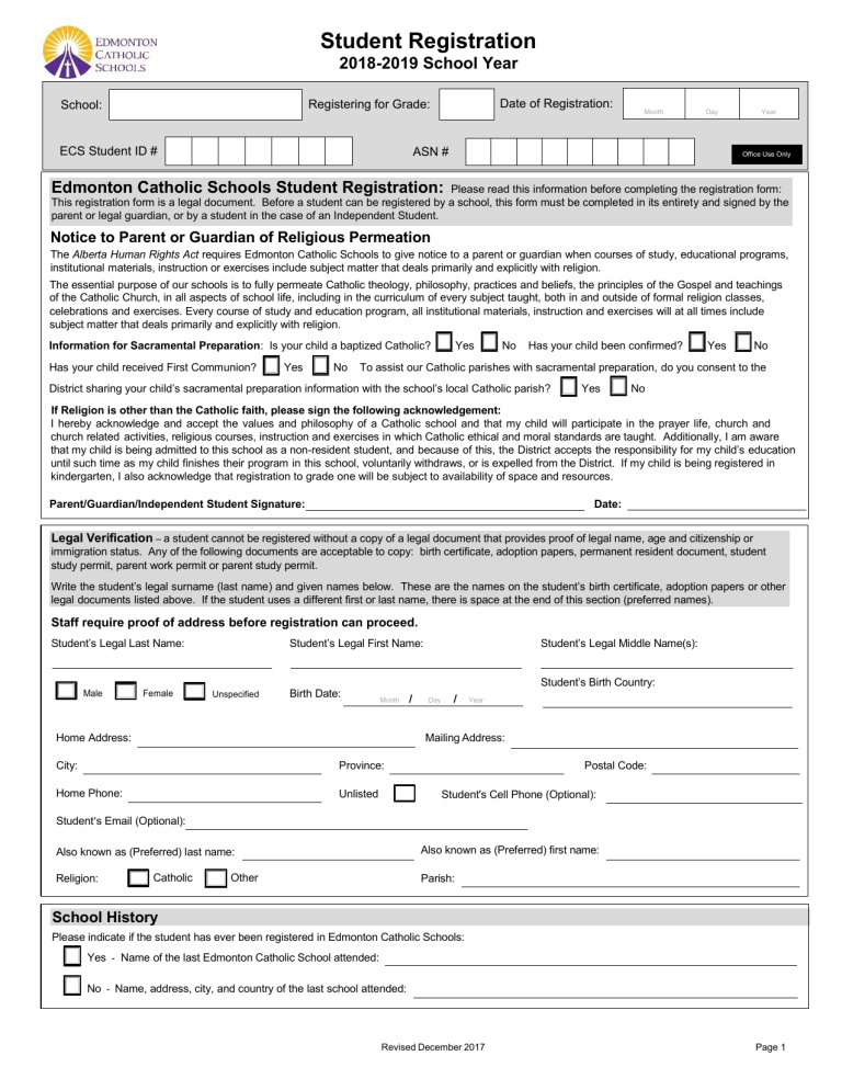 Edmonton Catholic School Student Registration Form 2018-2019