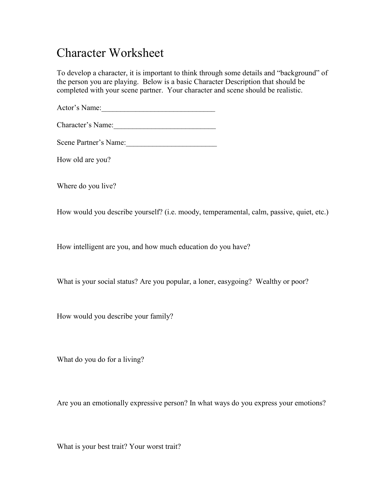 Character Worksheet Theatre 