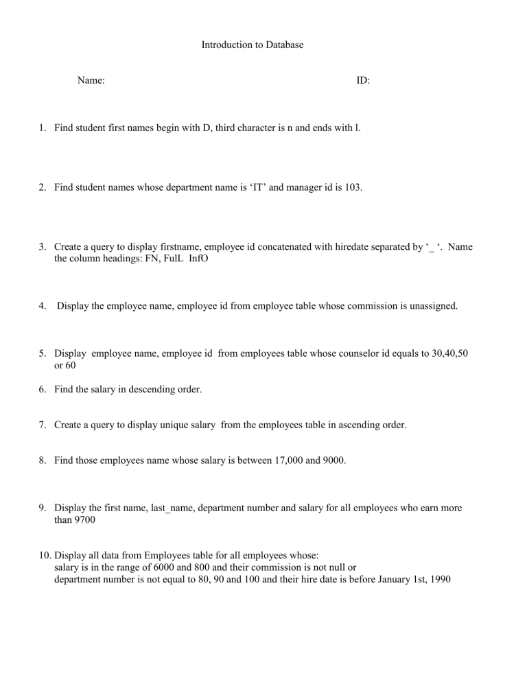SQL Database Query Worksheet