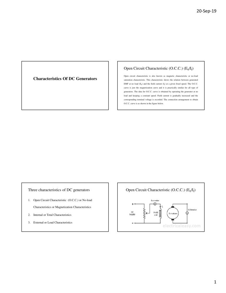 DC Generator Characteristics: O.C.C., Internal, External