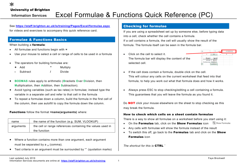 Excel Formula & Function Quick Reference (PC)