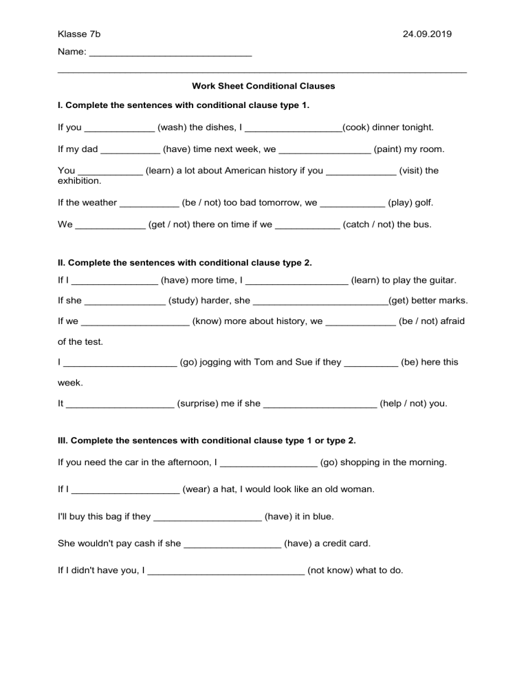 Worksheet If clauses