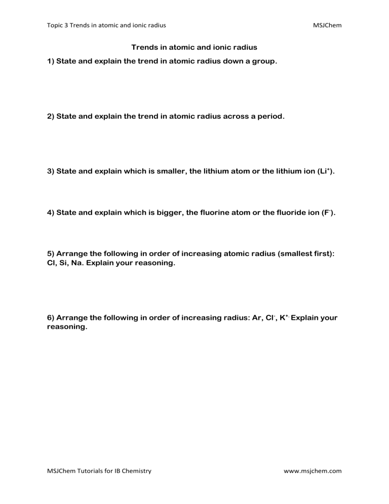 Atomic & Ionic Radius Trends Worksheet