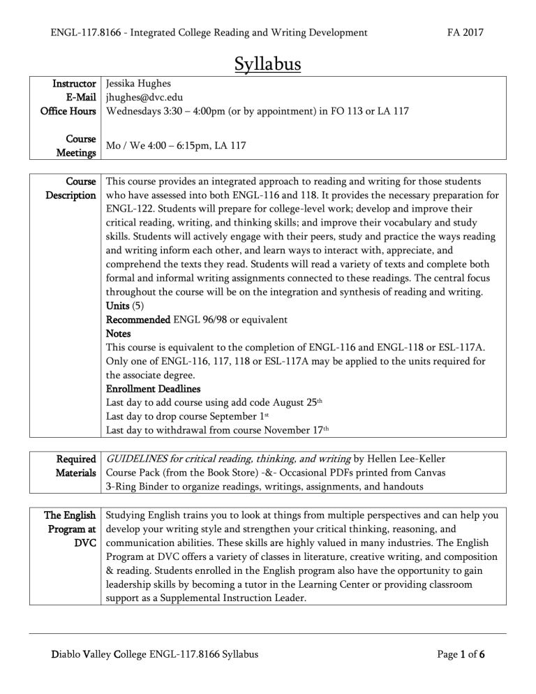 ENGL-117 Syllabus: Reading & Writing Development