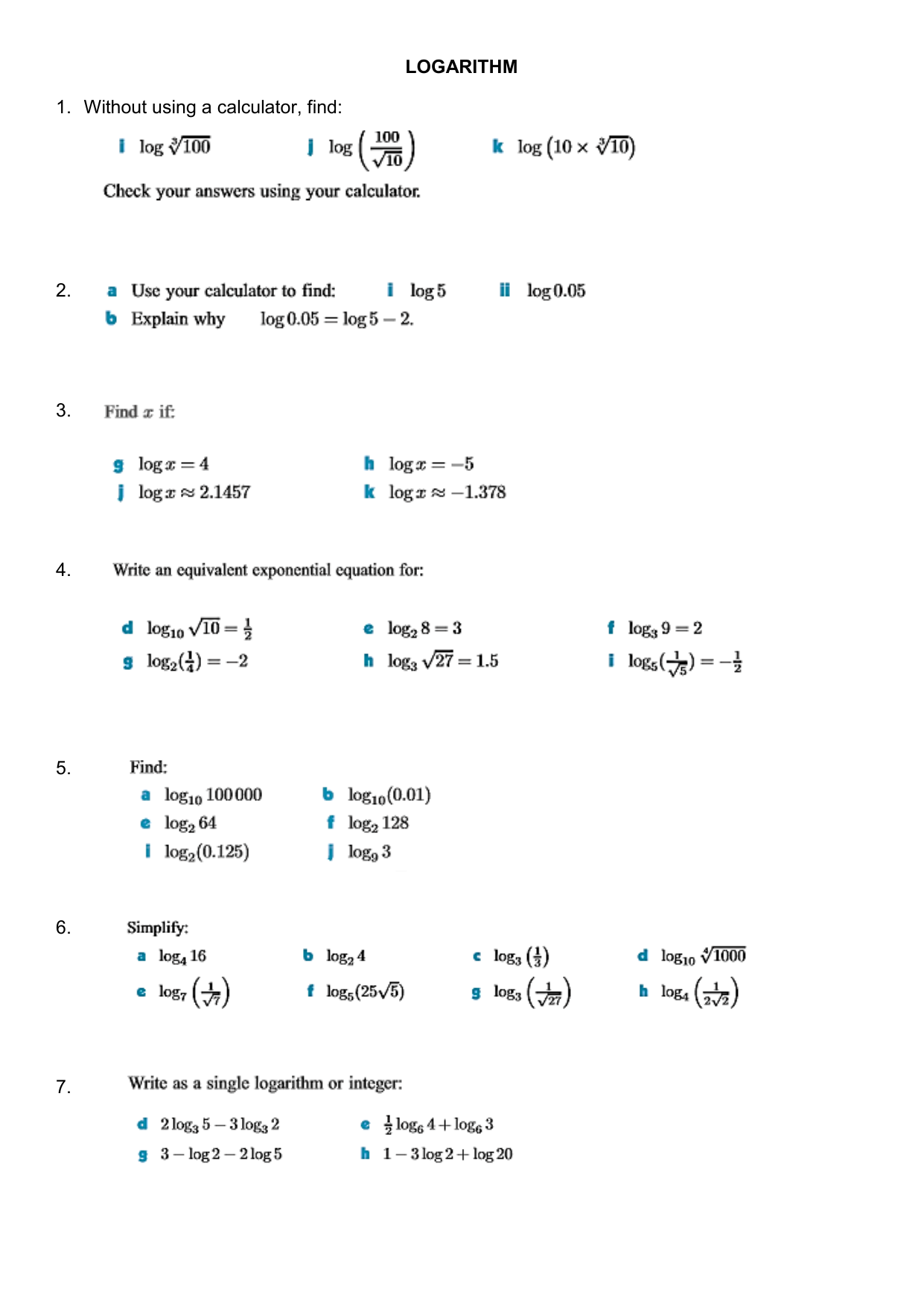 Logarithm Worksheet Logarithm Worksheet