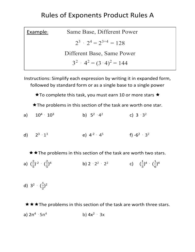 Rules Of Exponents Product And Quotient Rule Task A