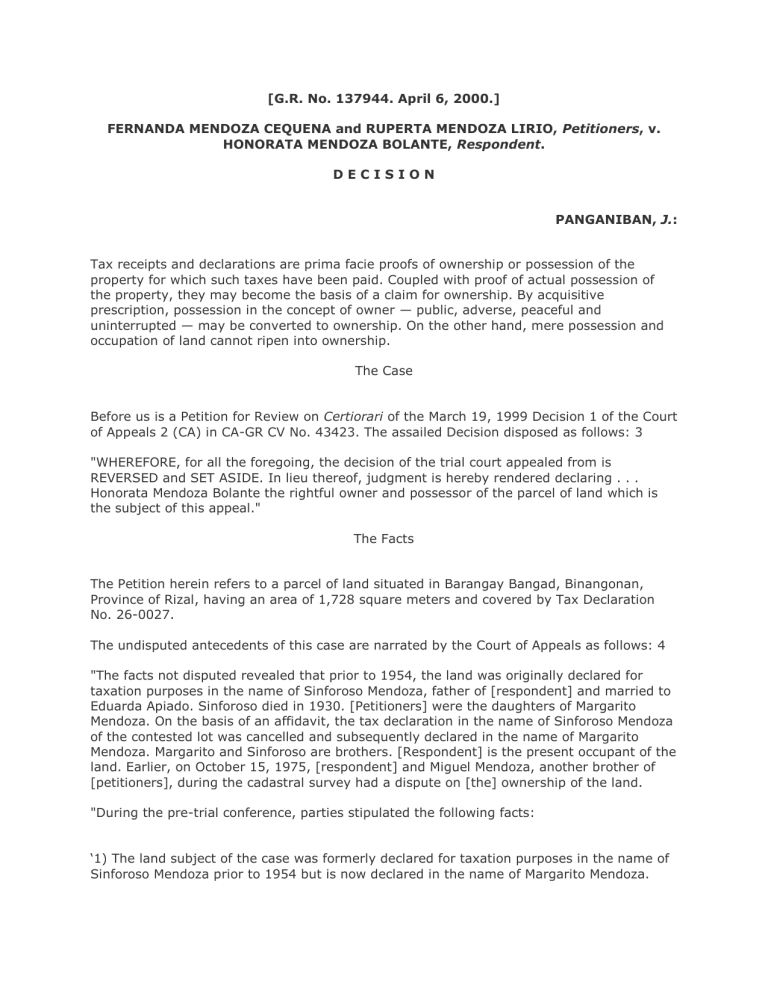 Land Dispute: Mendoza vs. Bolante - Court Decision
