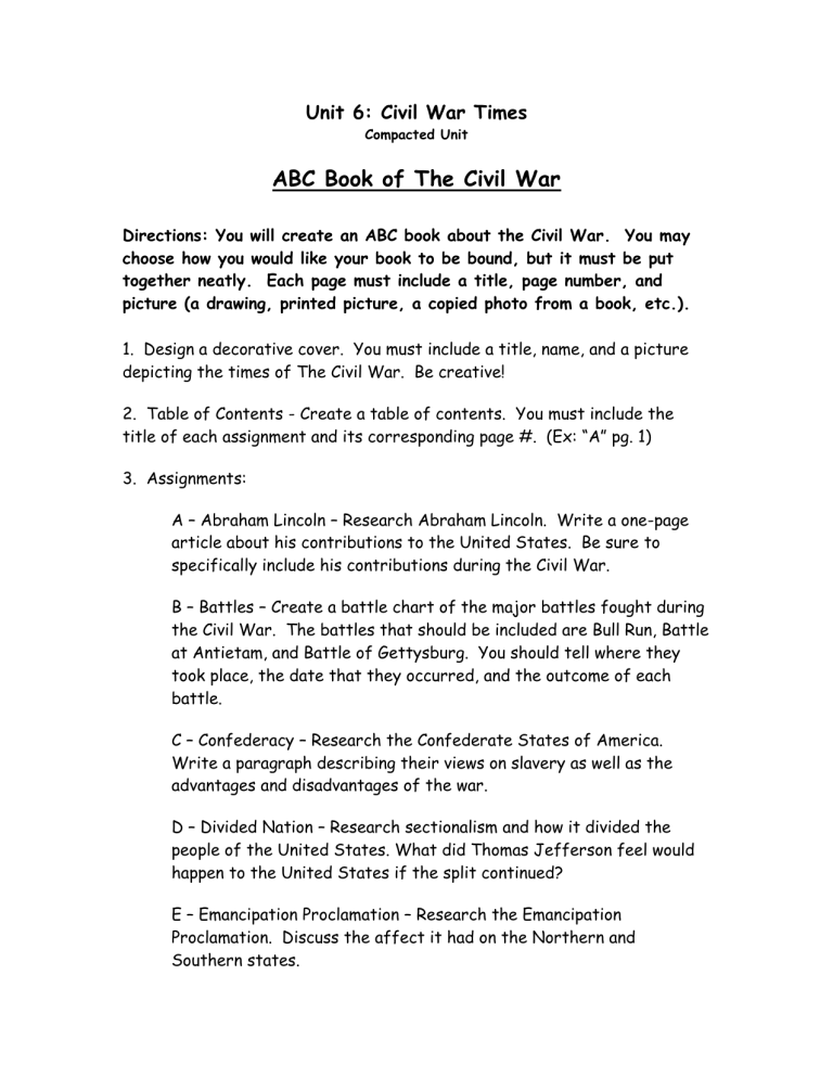 Civil War ABC Book Project: Activities & Assignments