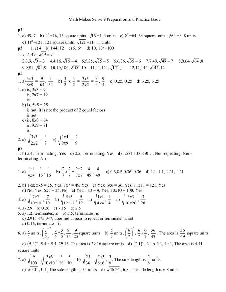 Math Makes Sense 9 Workbook Answers