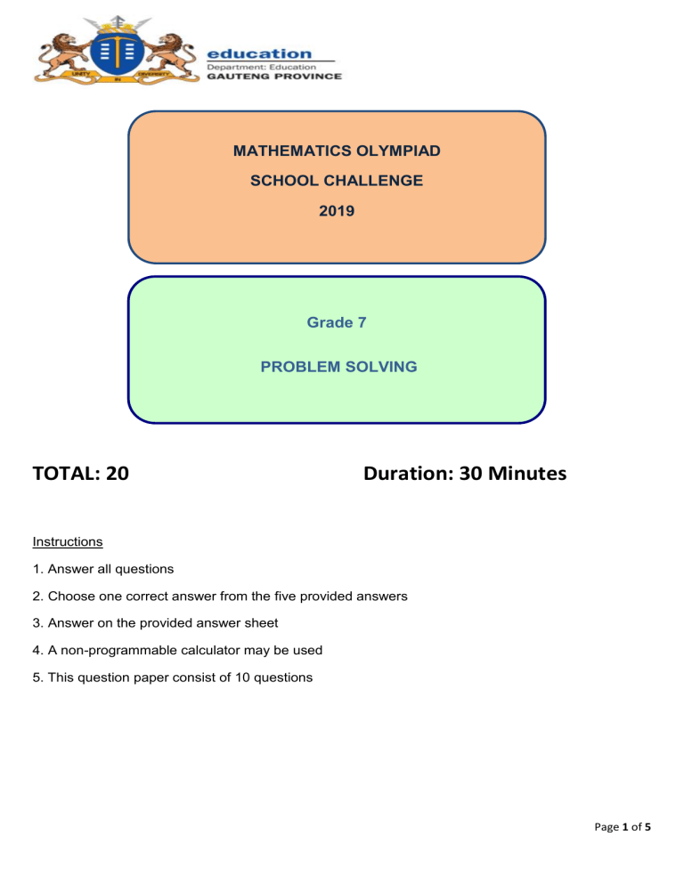 2019 Proplem Solving Grade 7 Maths Olympiad School Level