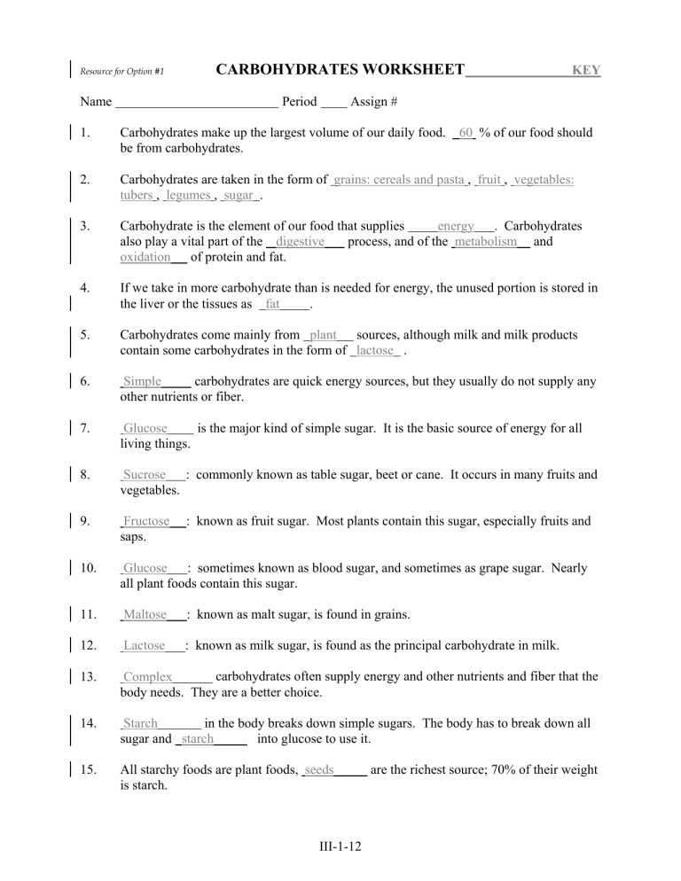 Carbohydrates Worksheet Key Carbohydrates Worksheet Key