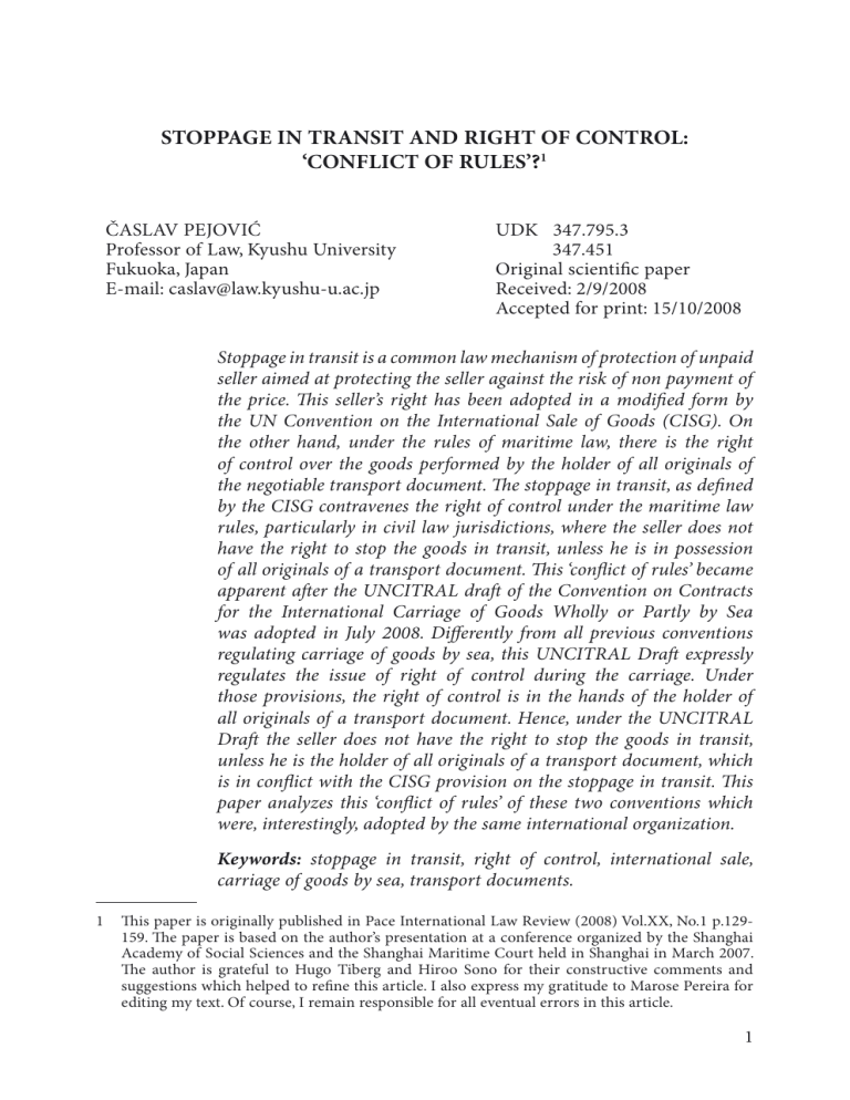 Stoppage in Transit vs Right of Control