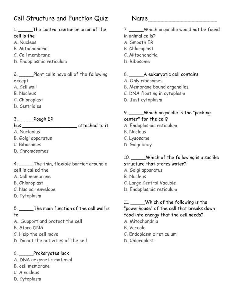 Cell Structure And Function Quiz