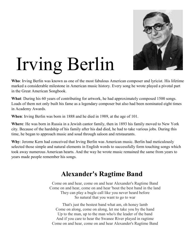 Irving Berlin Biography & Alexander's Ragtime Band Lyrics