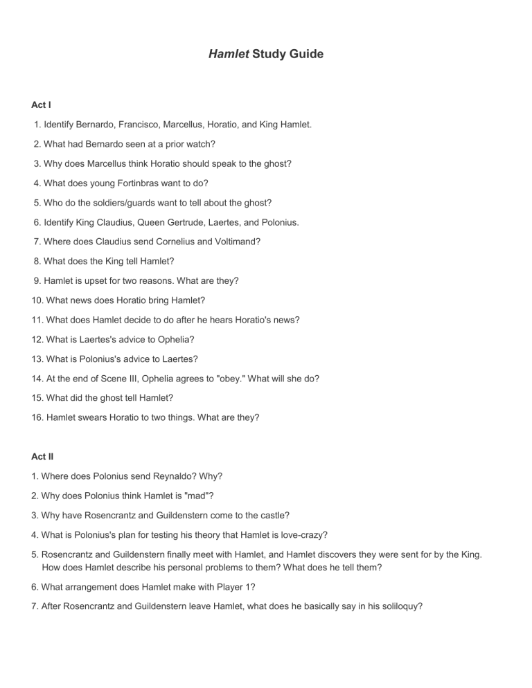 Hamlet Study Guide: Acts I-V