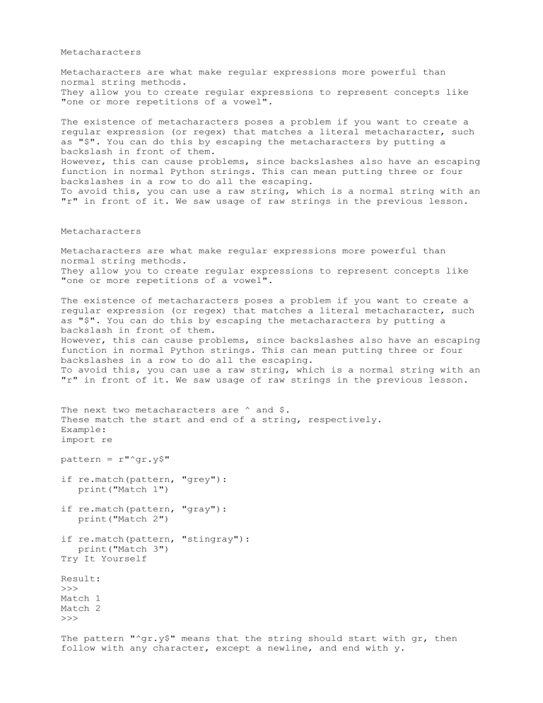 Python Metacharacters