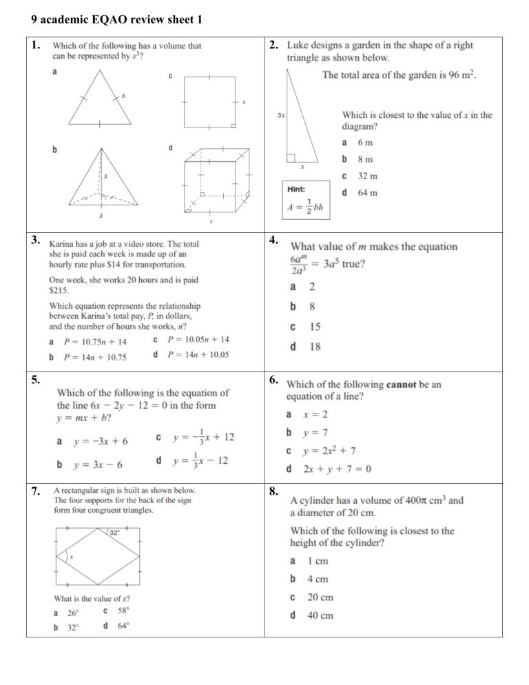 9 Academic EQAO Review Sheets