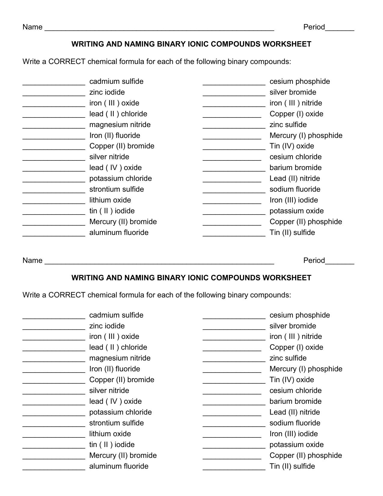 Naming Binary Ionic Compounds Worksheet