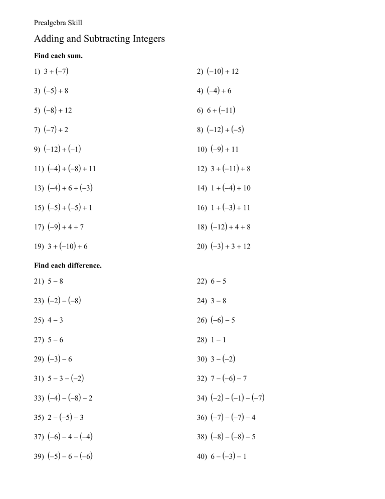 Worksheet 1 Adding And Subtracting Integers