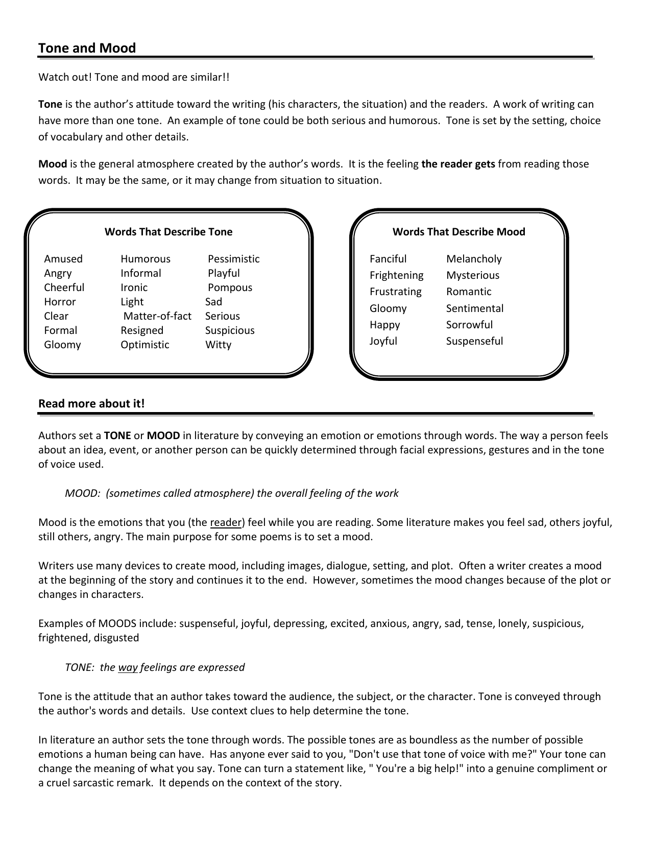 Mood Vs Tone Worksheet