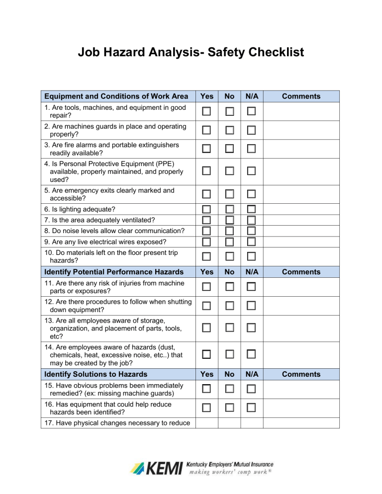 Job Hazard Analysis Safety Checklist Job Hazard Analysis Safety Checklist