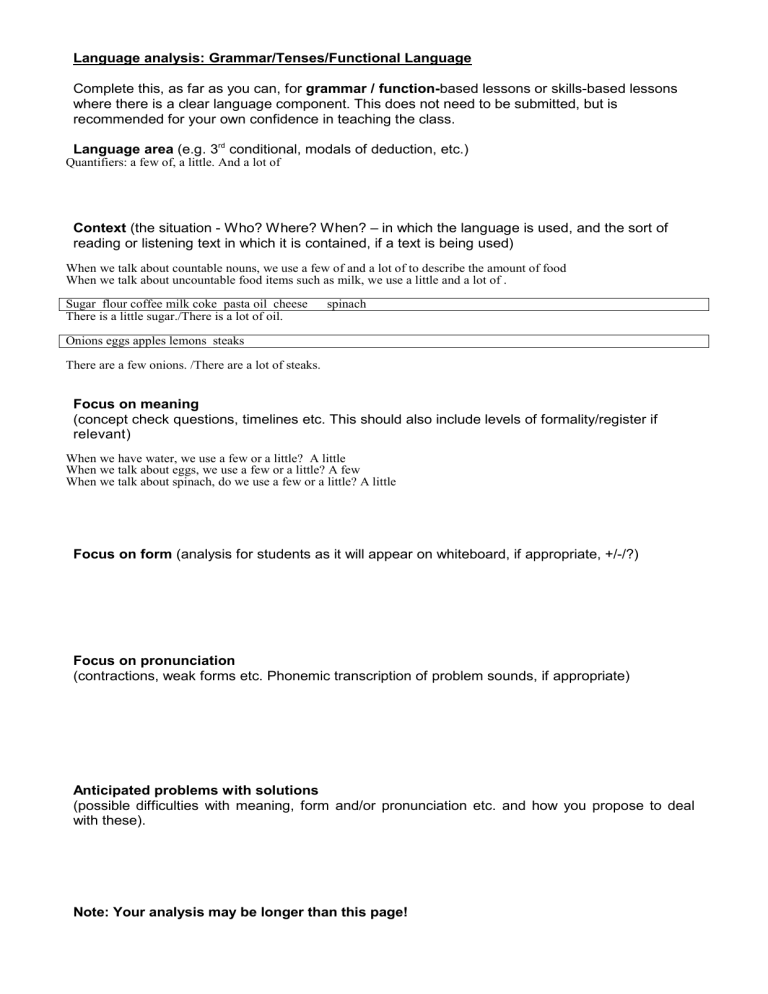 ESL English Grammar Language Analysis Sheet
