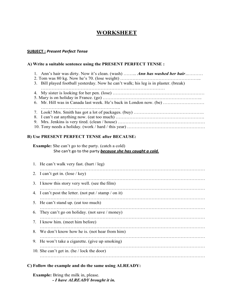WORKSHEET Present Perfect 2 WORKSHEET Present Perfect 2