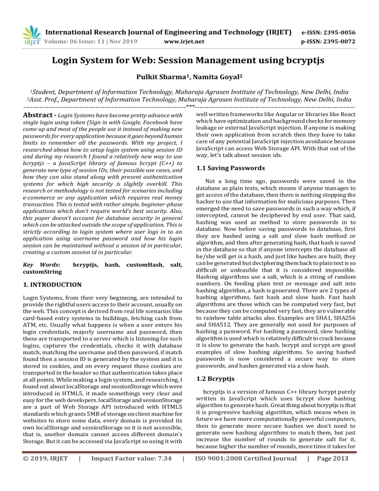 IRJET-Login System for Web: Session Management using BCRYPTJS