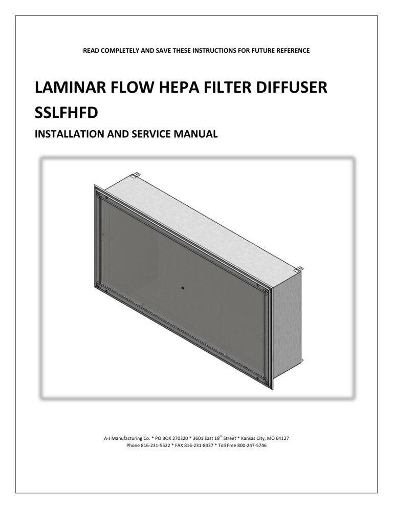 Laminar Flow HEPA Filter Diffuser Installation Manual