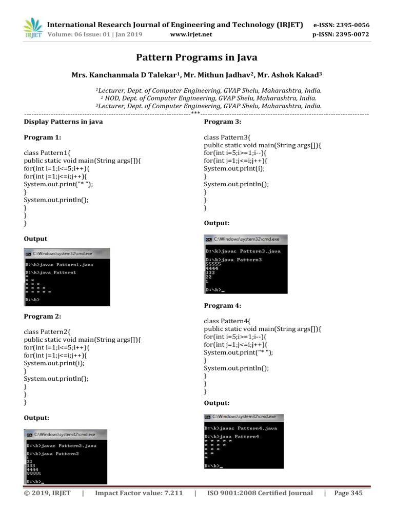Java Pattern Programs: Code Examples and Outputs