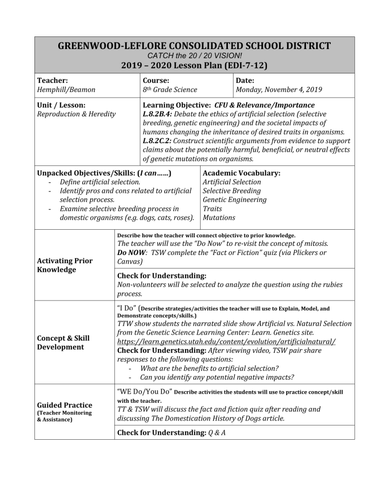 8th Grade Science Lesson Plan: Reproduction & Heredity