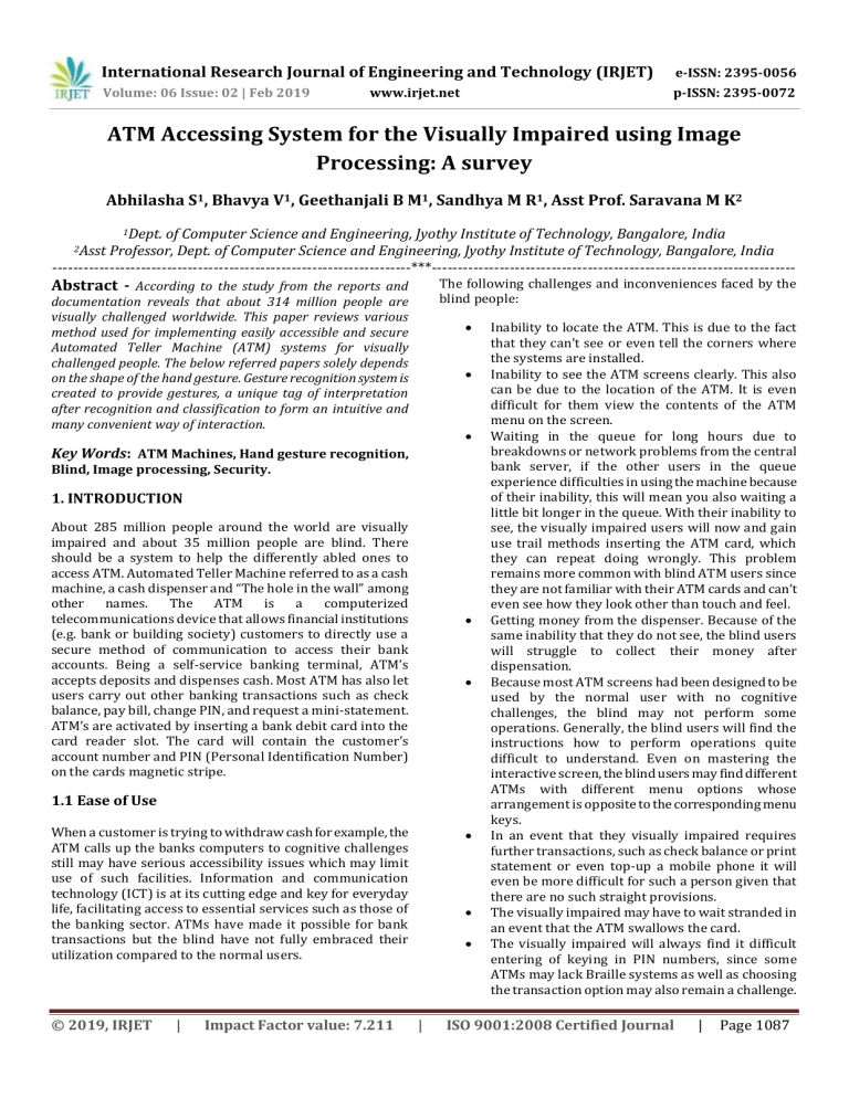 ATM Access for Visually Impaired: Image Processing Survey