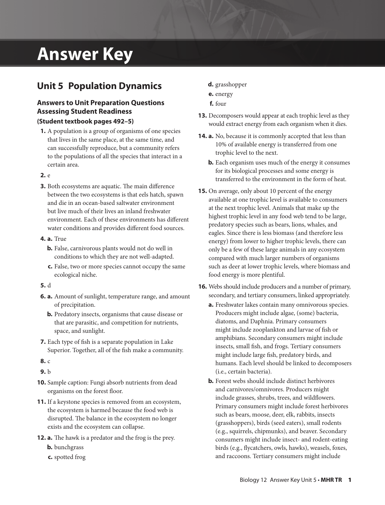 McGraw Hill Ryerson Biology 12 Unit 5 Answer Key