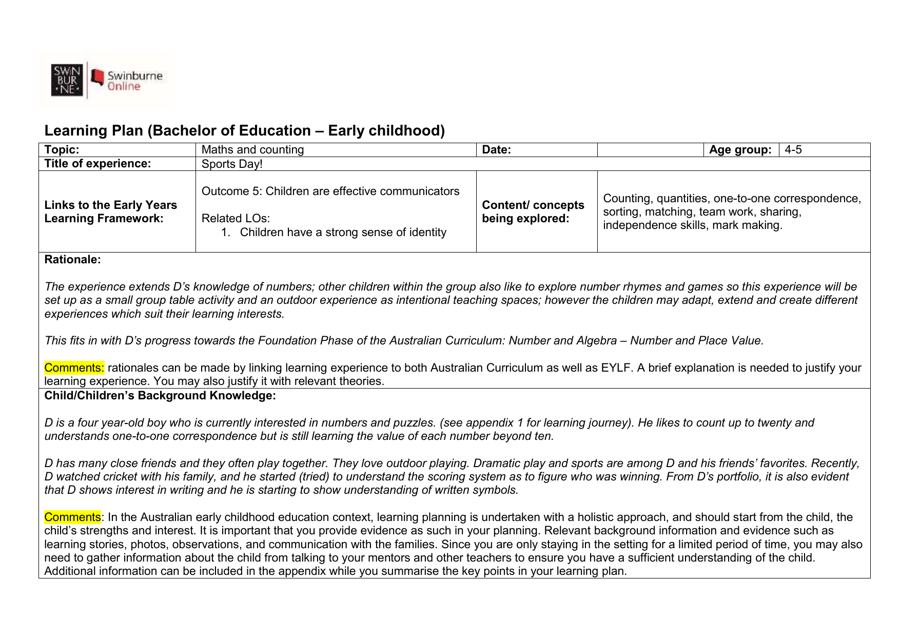 EDU10001 Example Annotated Learning Plan
