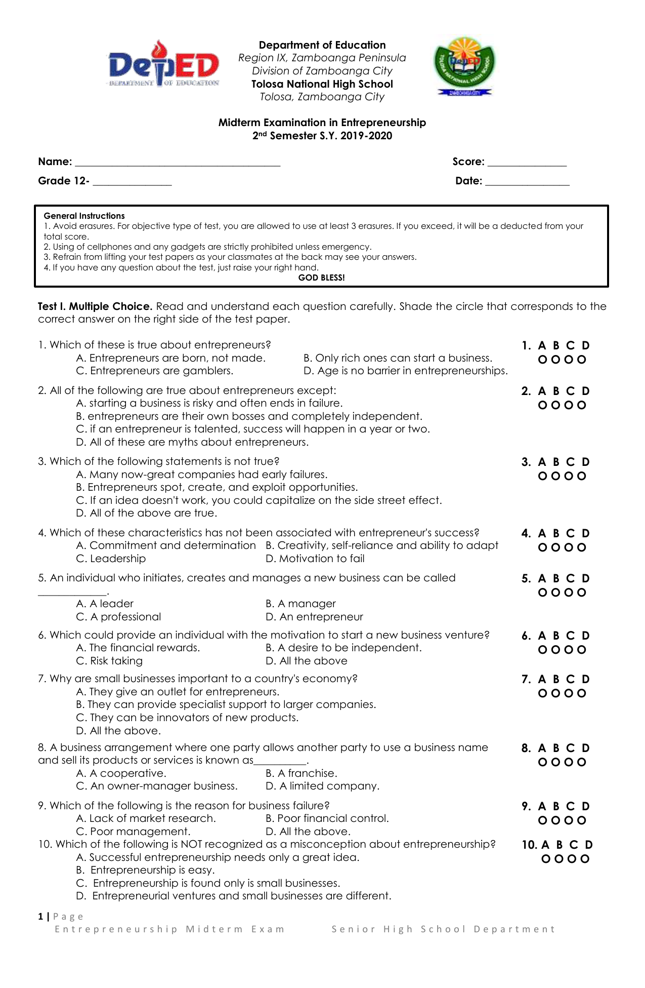Entrepreneurship Midterm Examination 2019 20 Entrepreneurship Midterm Examination 2019 20