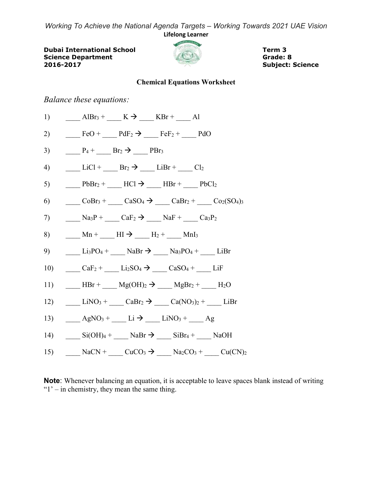 Chemistry Chemical Equations Worksheet