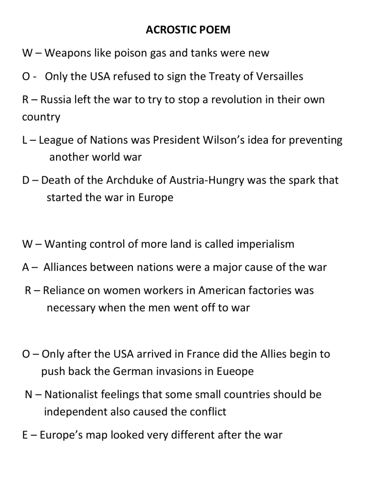 ACROSTIC POEM EXAMPLE WWI