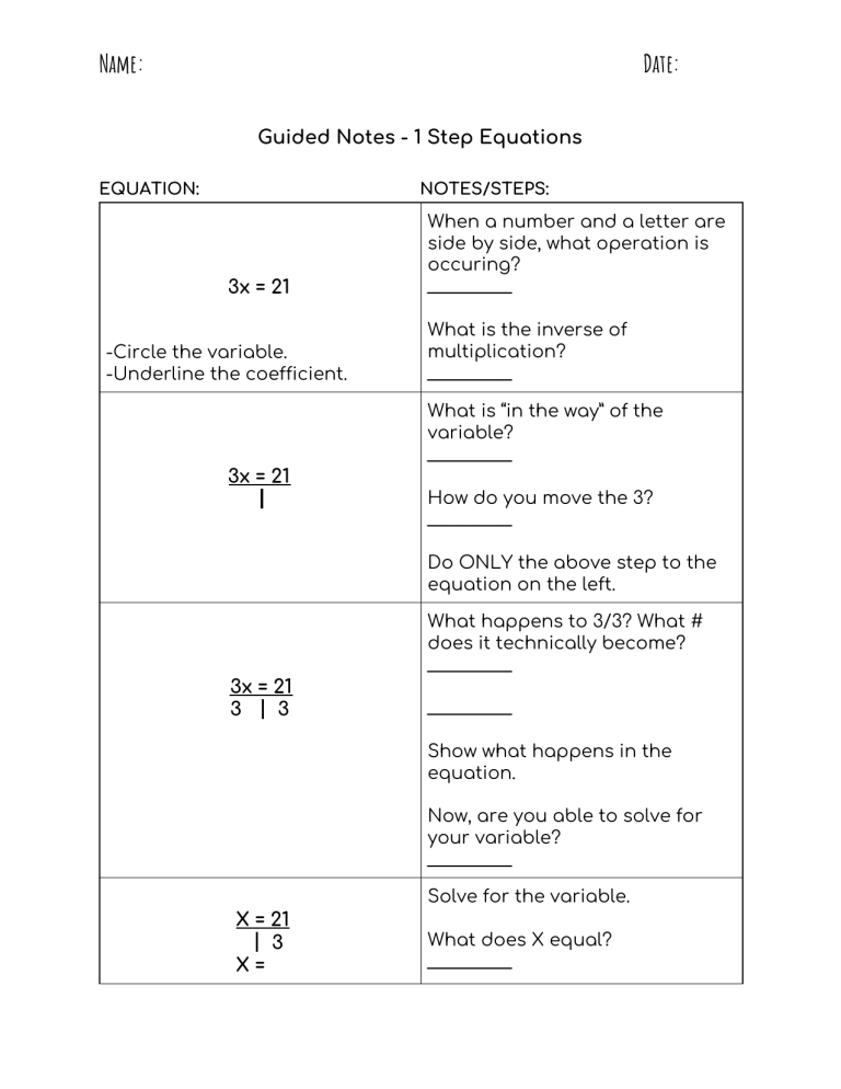Guided Notes 1 Step Equations X