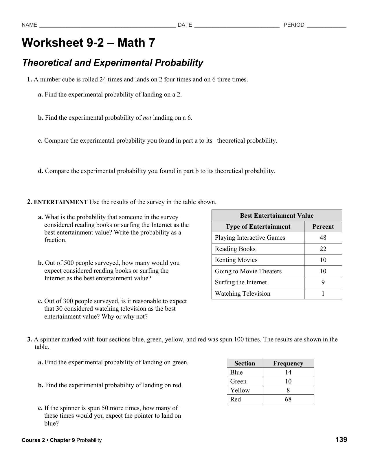 Theoretical And Experimental Probability Worksheet