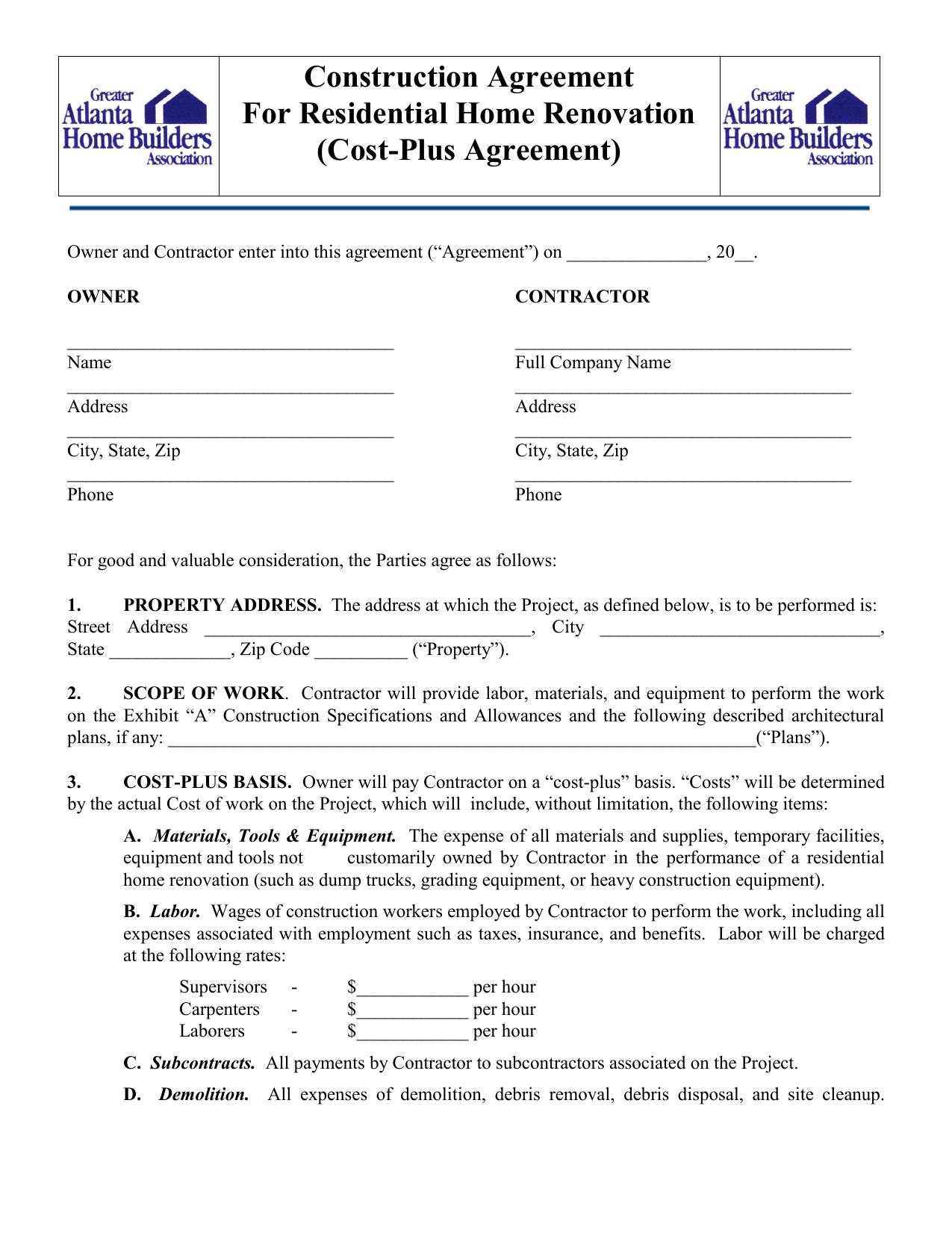 GAHBA Cost Plus Residential Construction Agreement