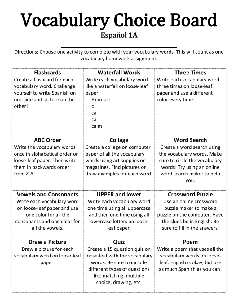 Vocabulary Choice Board